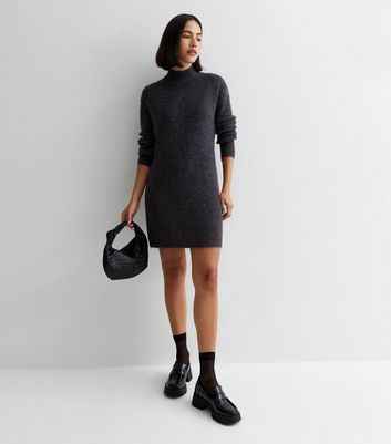 Dark Grey Ribbed Knit High Neck Mini Dress | New Look