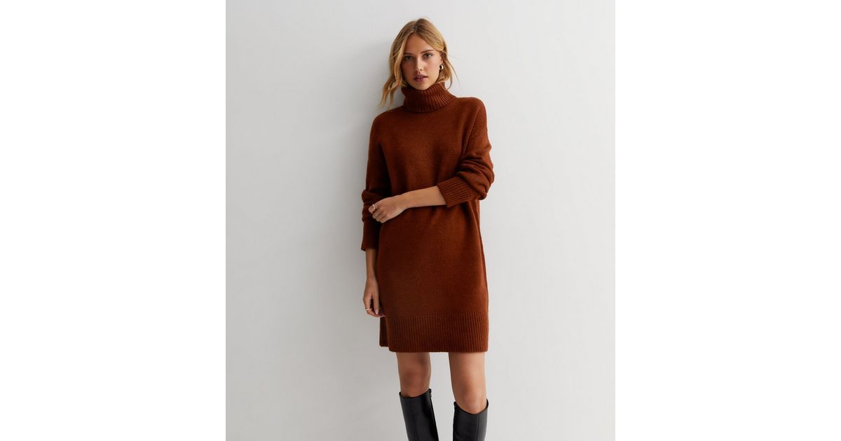 Rust Knit Roll Neck Long Sleeve Mini Dress | New Look