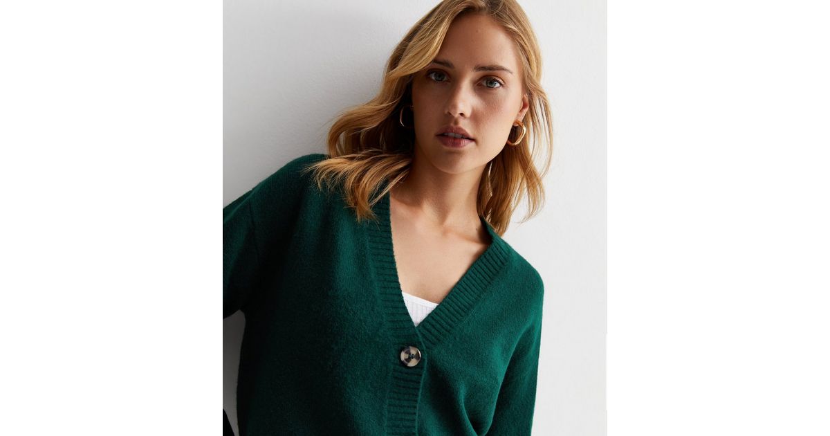 Dark Green Knit Button Front Cardigan | New Look