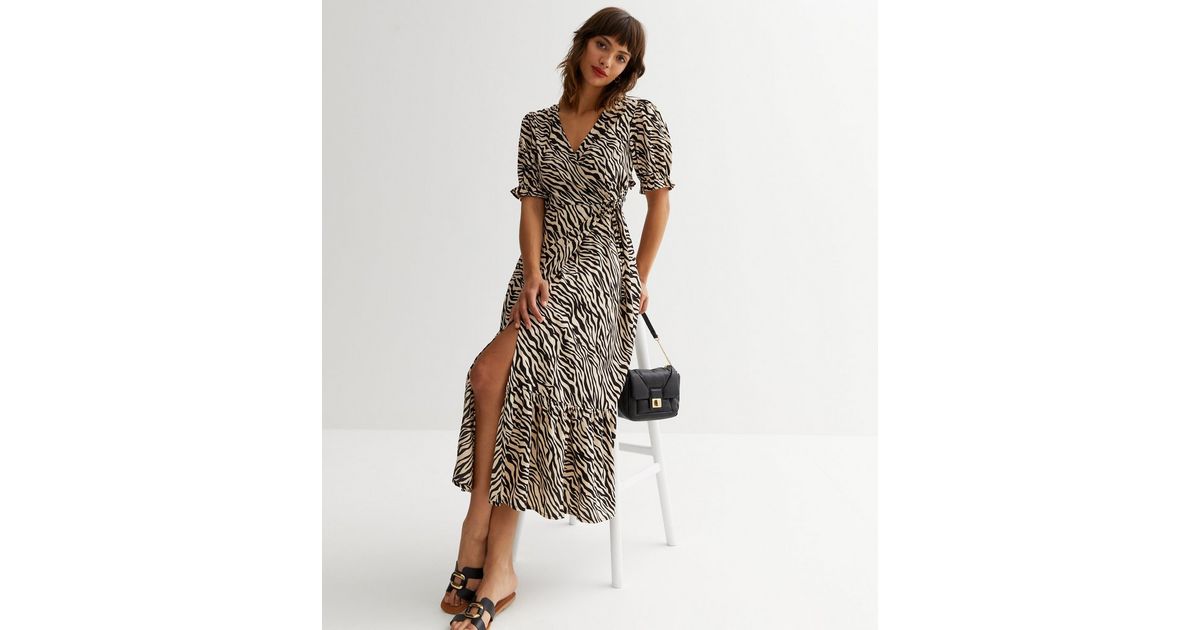 Black Zebra Print Tie Back Midi Wrap Dress | New Look