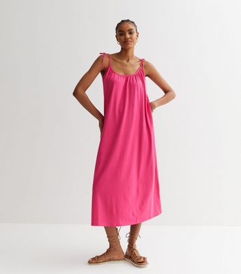 Bright Pink Strappy Midi Smock Dress | New Look