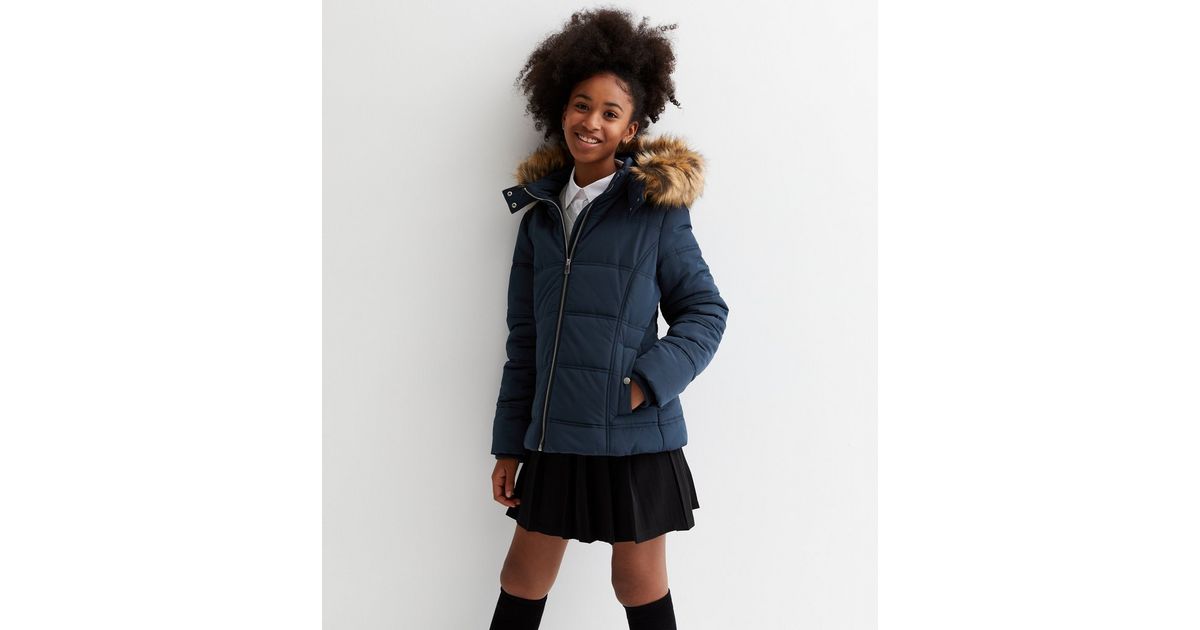 Girls Navy Faux Fur Trim Hooded Puffer Jacket | New Look