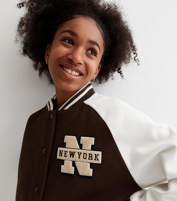 Girls Dark Brown New York Varsity Jacket | New Look