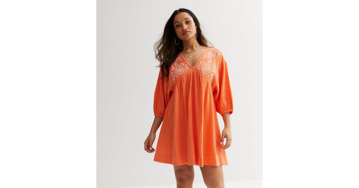 Petite Orange Textured Embroidered Mini Smock Dress | New Look