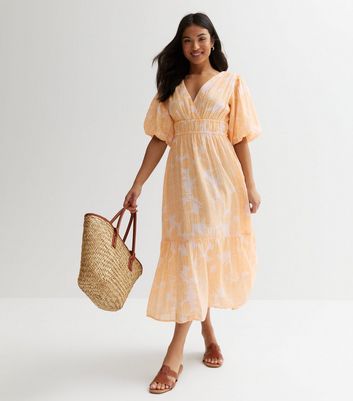 Petite Orange Floral Puff Sleeve Midi Dress | New Look