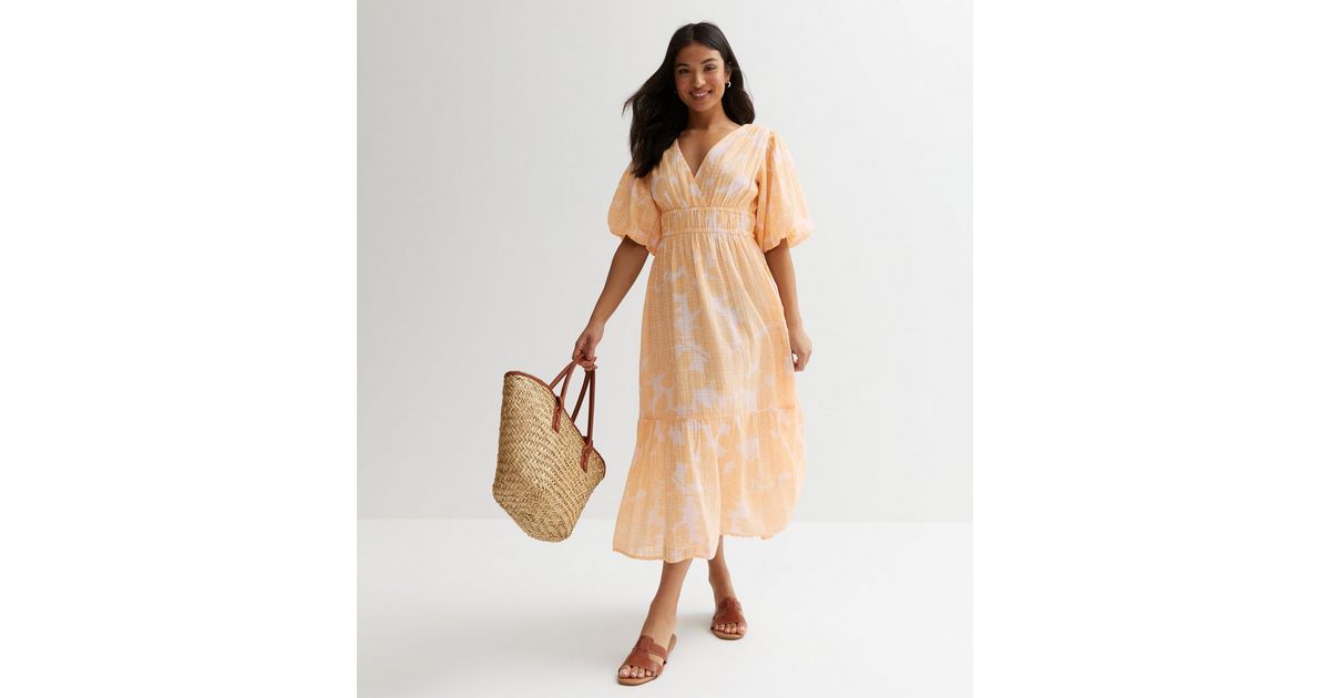 Petite Orange Floral Puff Sleeve Midi Dress | New Look