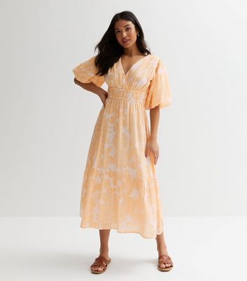 Petite Orange Floral Puff Sleeve Midi Dress | New Look