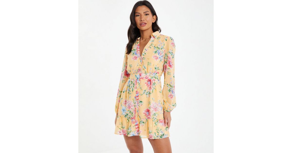 QUIZ Yellow Floral Frill Mini Shirt Dress | New Look