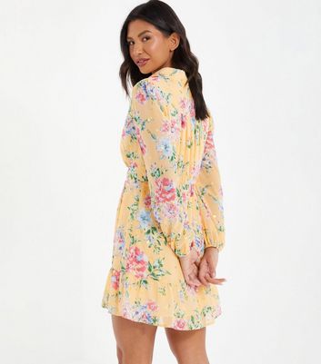 QUIZ Yellow Floral Frill Mini Shirt Dress | New Look