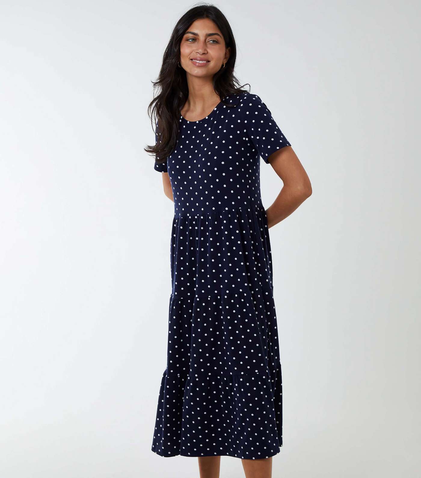 Blue Vanilla Navy Spot Jersey Tiered Midi Smock Dress New Look