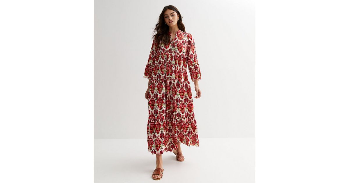 Blue Vanilla Red Tile Print Tiered Smock Midaxi Dress | New Look