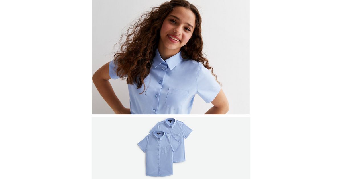 Girls 2 Pack Pale Blue Short Sleeve Regular Fit School Shirts | New Look