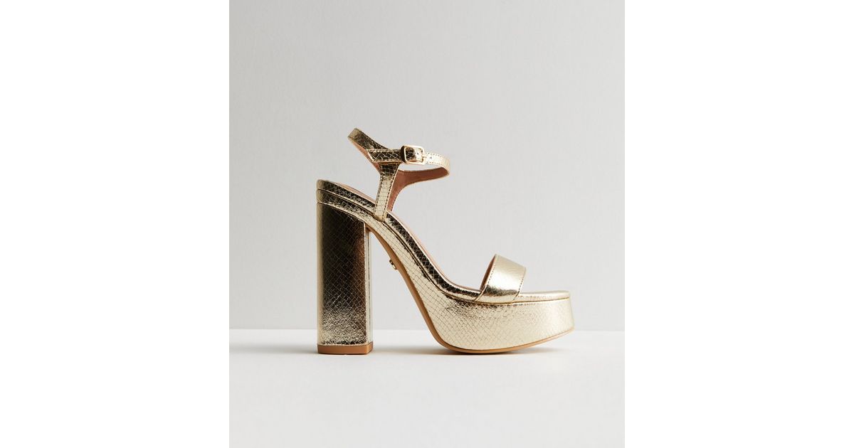 Little Mistress Gold Faux Croc Platform Block Heel Sandals | New Look