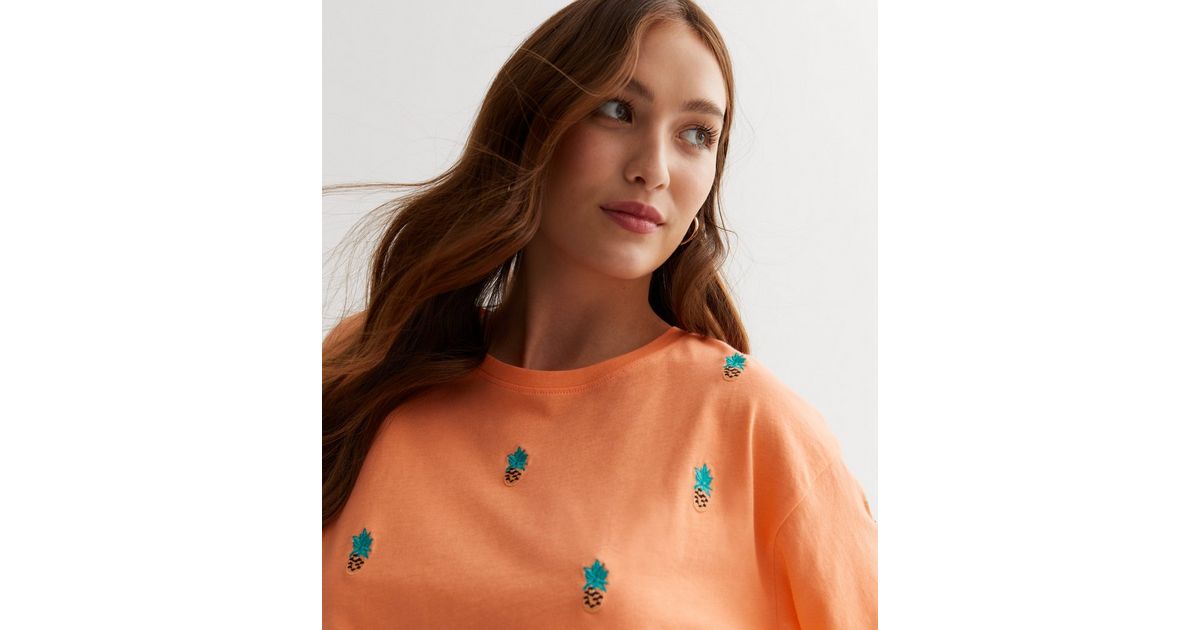 Coral Pineapple Embroidered Boxy T-Shirt | New Look