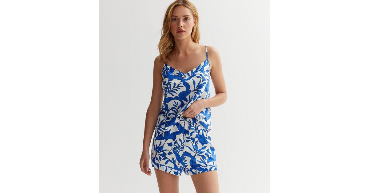 Blue Satin Cami Pyjama Set with Tropical Print | New Look