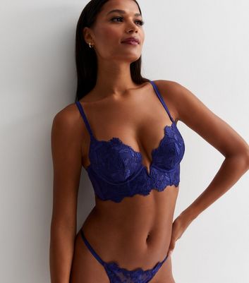 Indigo Embroidered Longline Push Up Bra | New Look