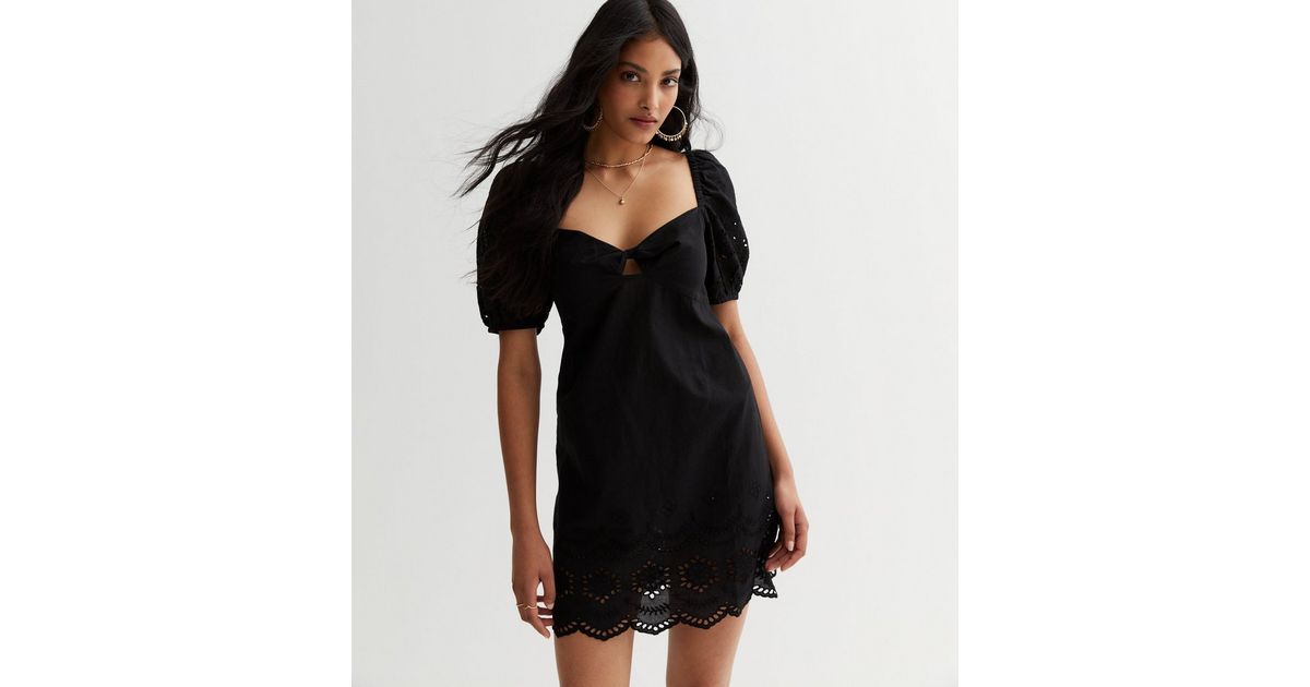 Black Broderie Twist Front Mini Dress | New Look