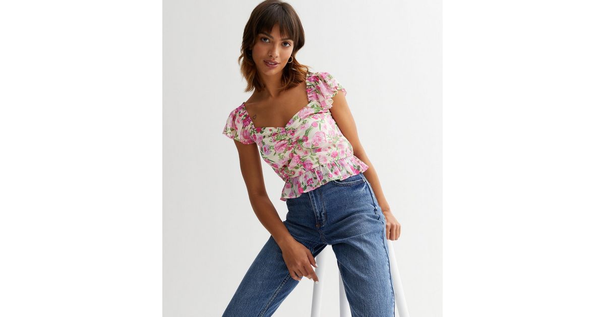 Pink Rose Print Ruffle Sleeve Peplum Top | New Look