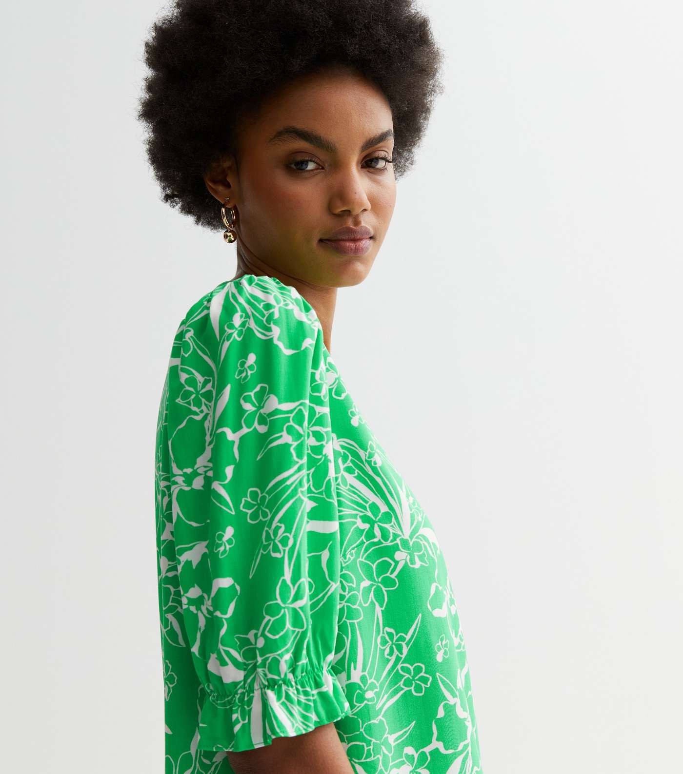 Green Tropical Print V Neck Top New Look