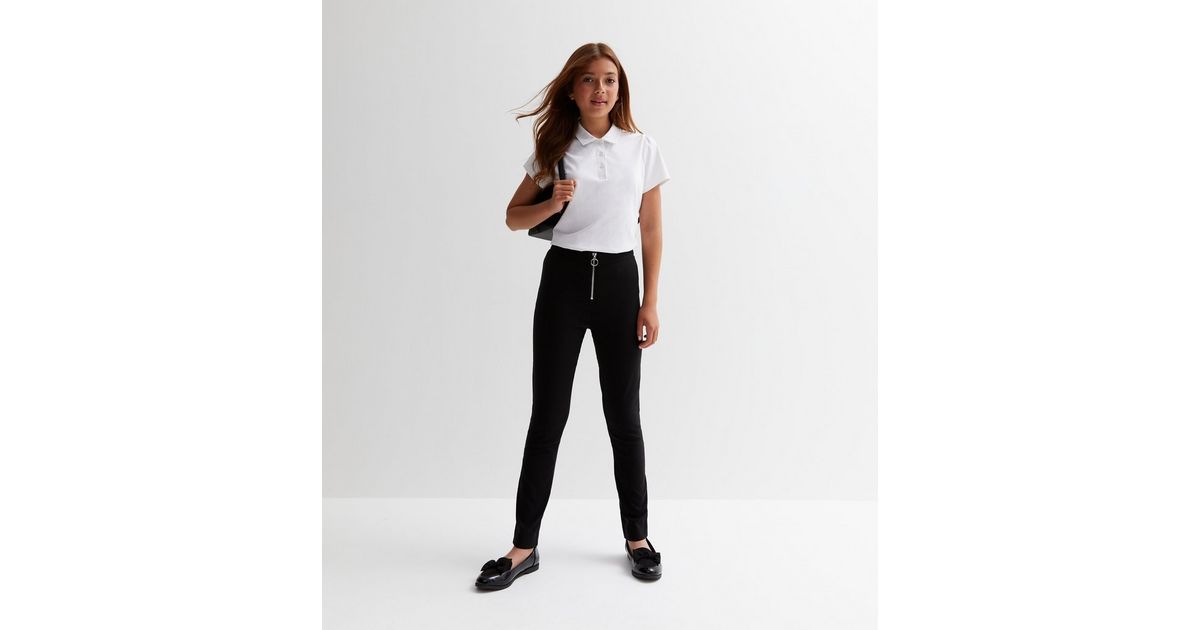 Girls Black Ring Zip Grow Hem School Trousers | New Look