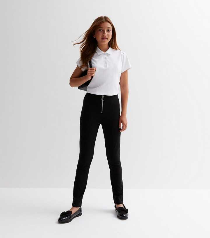Girls Black Ring Zip Grow Hem School Trousers | New Look