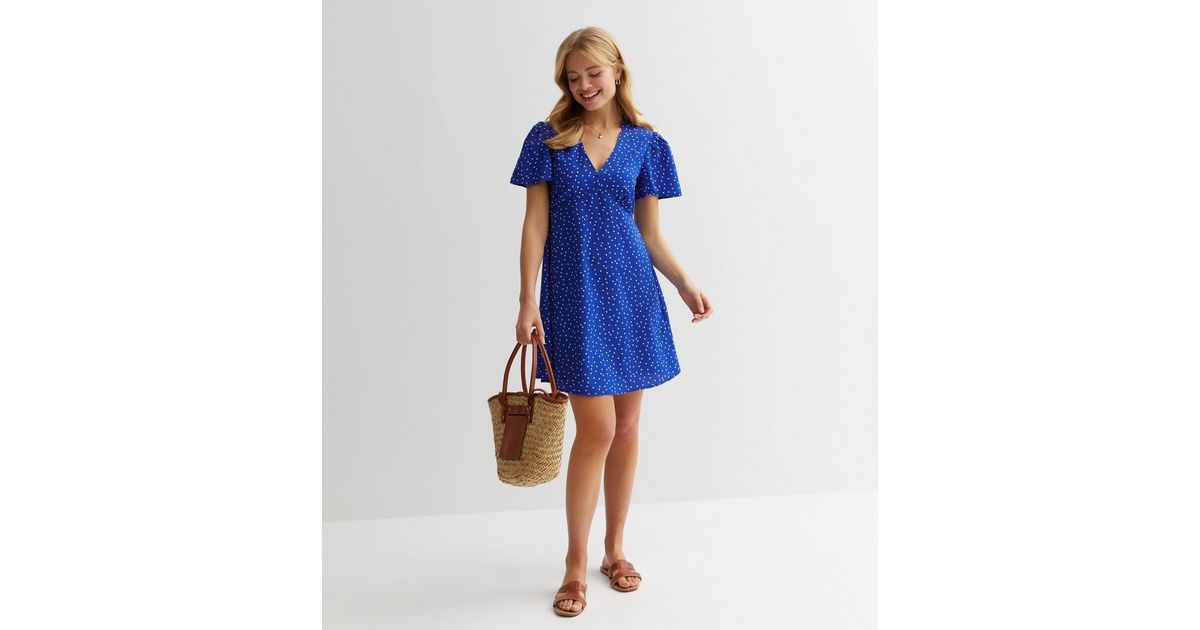 Blue Spotty V Neck Mini Dress | New Look