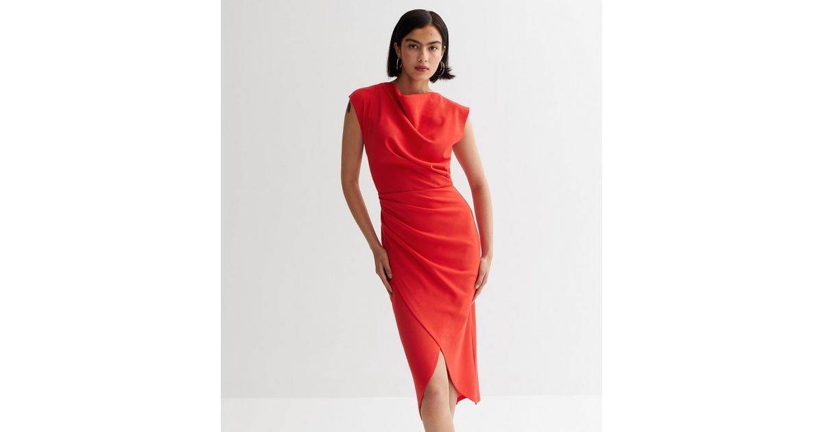 Red High Neck Asymmetric Midi Wrap Dress | New Look