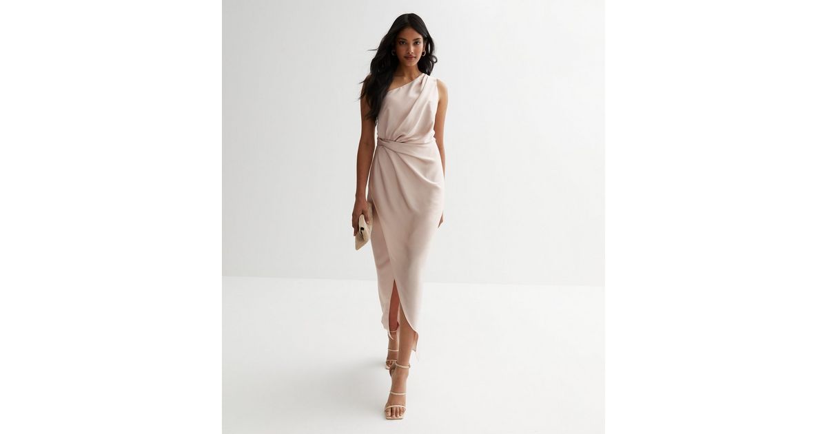 Pale Pink Satin One Shoulder Ruched Maxi Dress | New Look