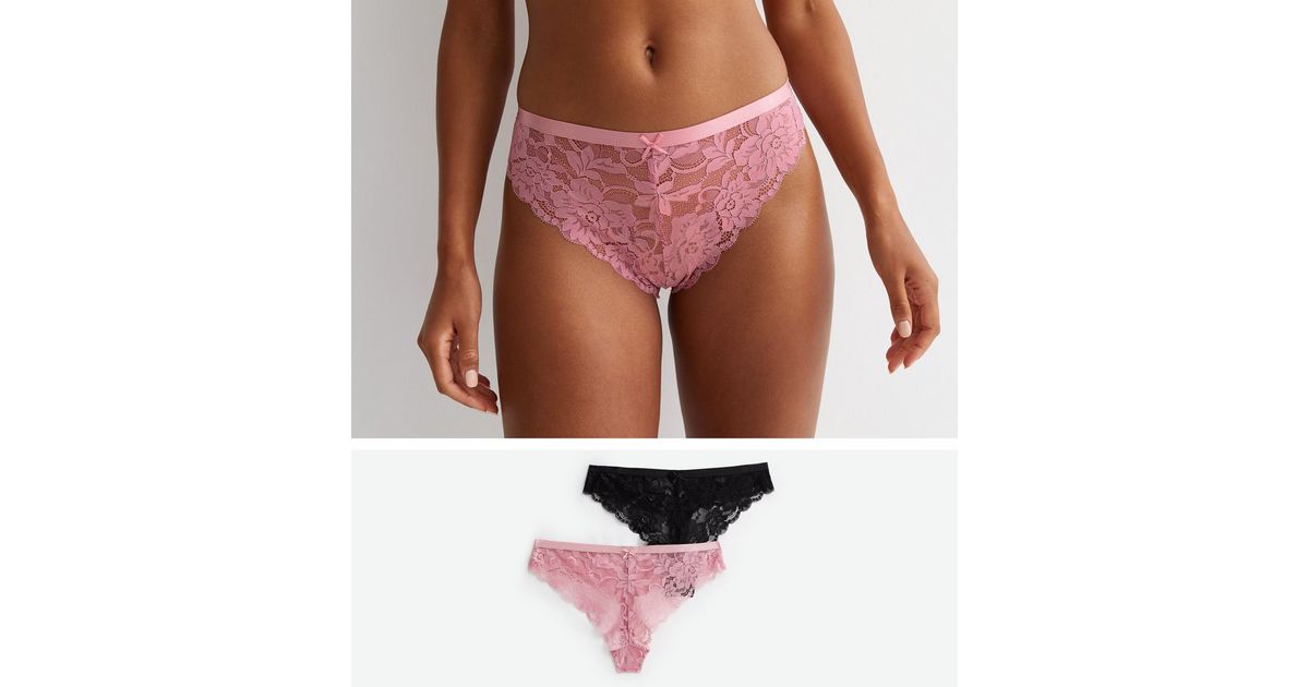 2 Pack Black And Pink Floral Lace Thongs New Look