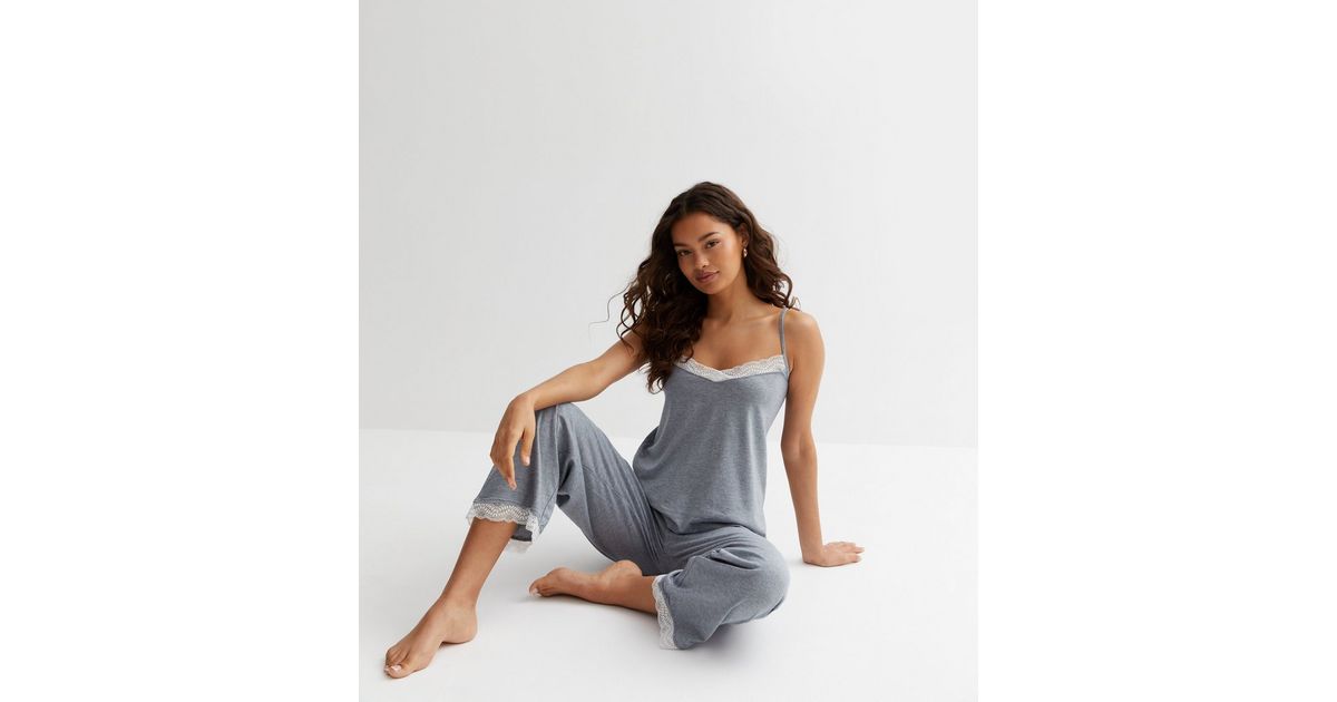 Petite Grey Cami Pyjama Set with Lace Trim | New Look
