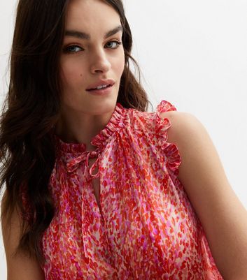 Red Animal Print Shirred High Neck Top | New Look