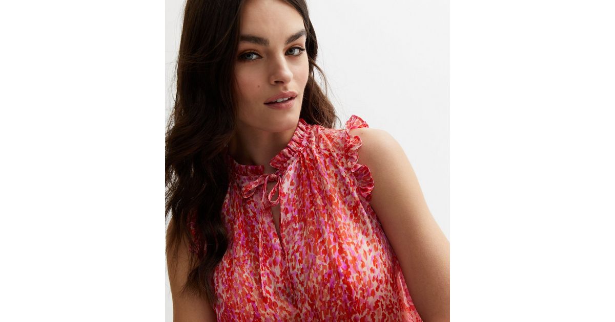 Red Animal Print Shirred High Neck Top | New Look