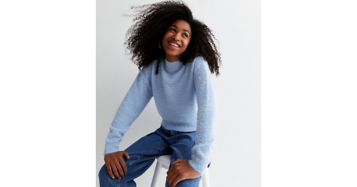 Girls Pale Blue Fluffy Knit High Neck Jumper | New Look