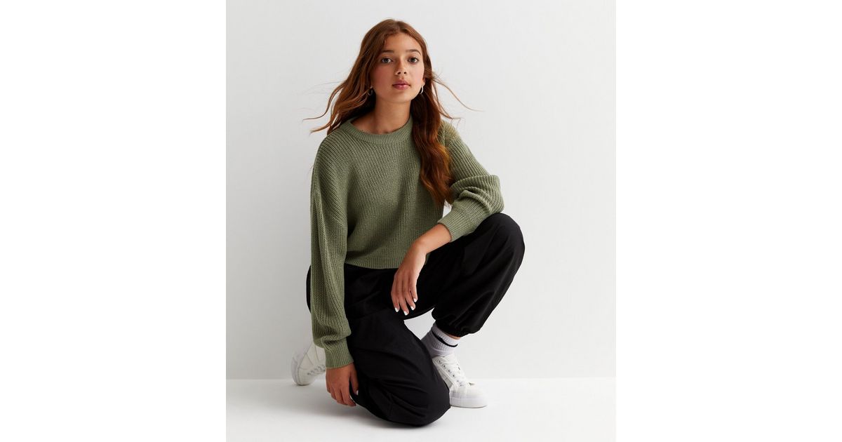 Girls Olive Knit Crew Neck Crop Jumper | New Look