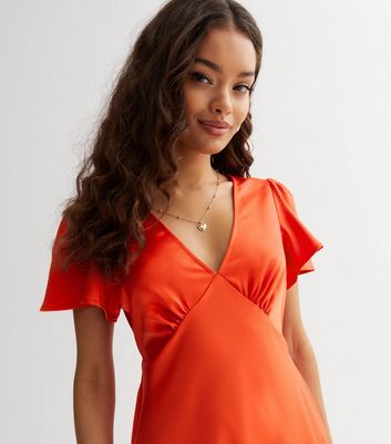 Petite Orange Satin Flutter Sleeve Midi Dress | New Look