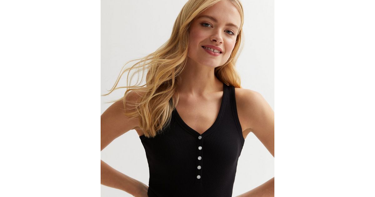 Black Ribbed Faux Pearl Button Bodysuit | New Look