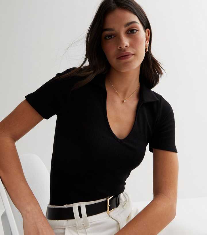 Black Ribbed Polo Top | New Look