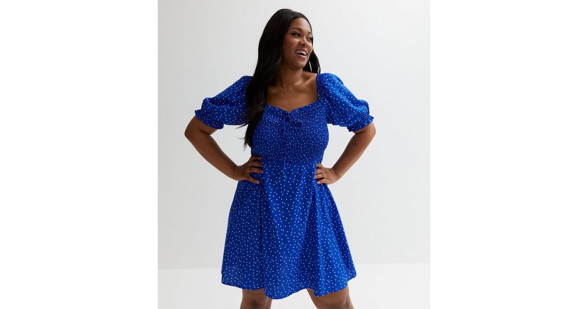 Curves Blue Spotty Puff Sleeve Mini Dress | New Look