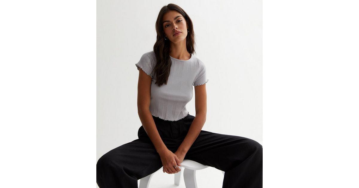 Pale Grey Ribbed Jersey Frill Trim Crop Top | New Look