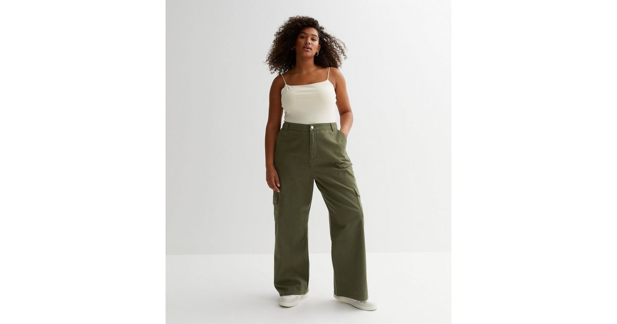 Curves Khaki Cotton Wide Leg Cargo Trousers | New Look