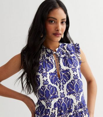 Blue Tile Print Tie Neck Midi Dress | New Look