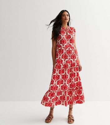 Red Tile Print Tie Neck Midi Dress | New Look