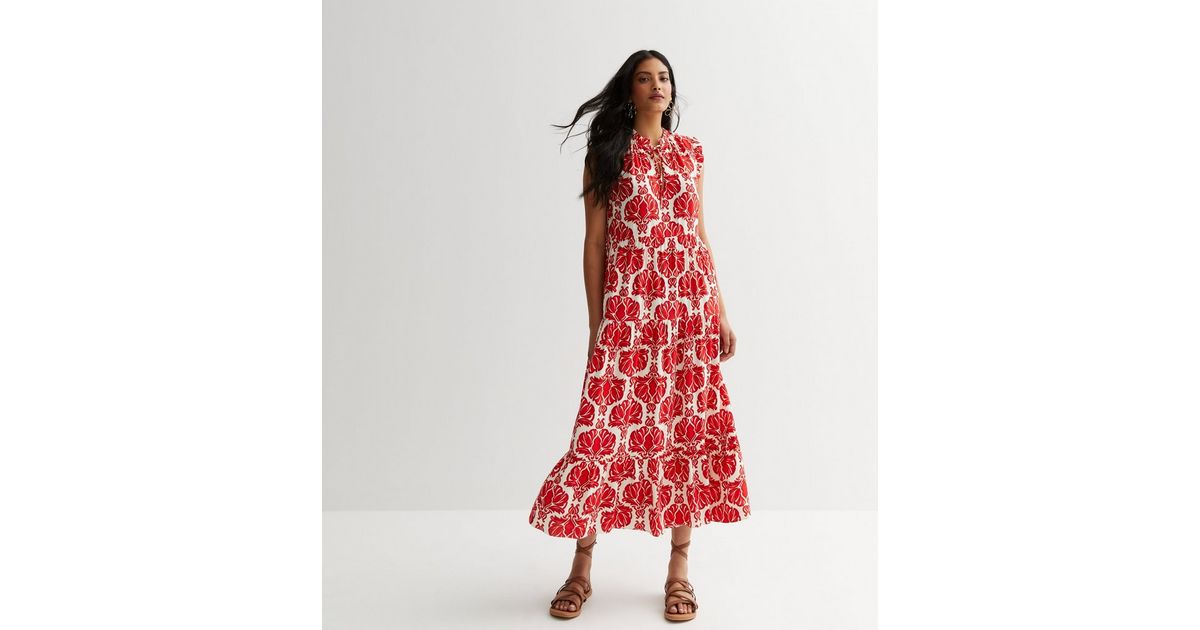 Red Tile Print Tie Neck Midi Dress | New Look