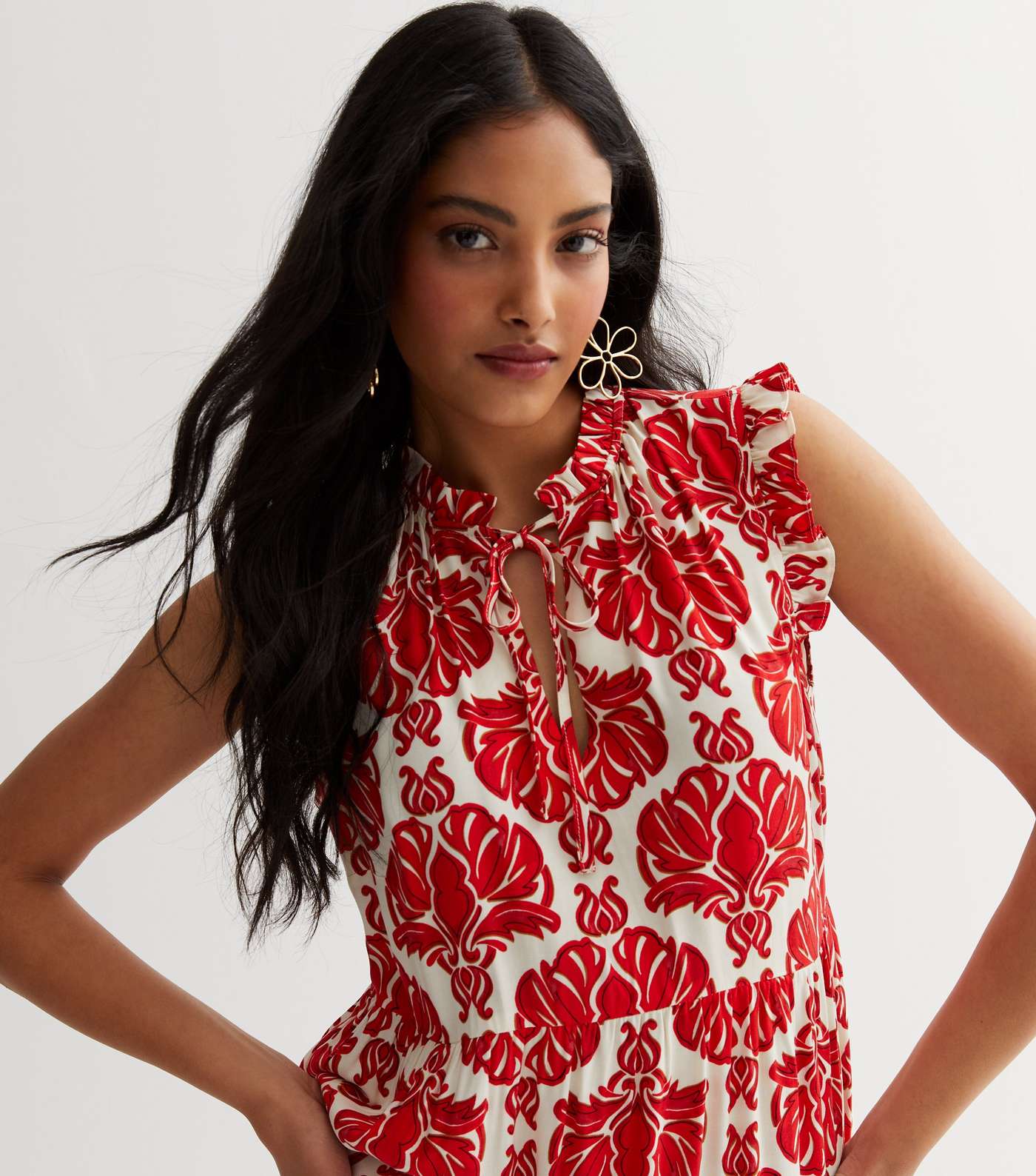 Red Tile Print Tie Neck Midi Dress New Look
