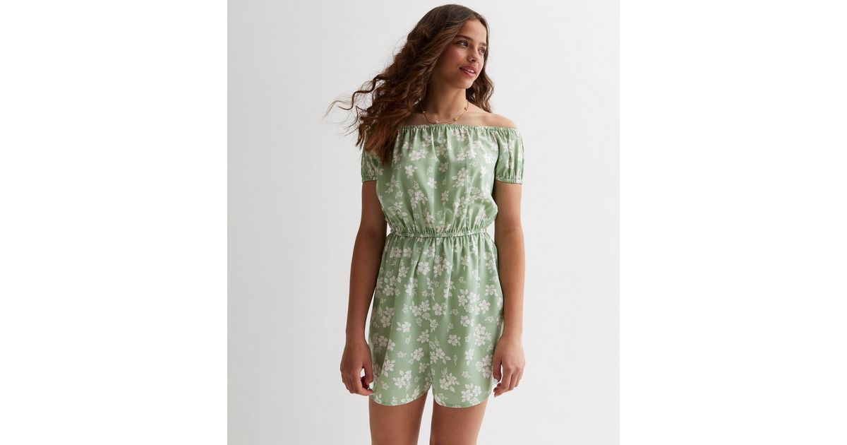 Girls Green Tropical Floral Bardot Playsuit | New Look