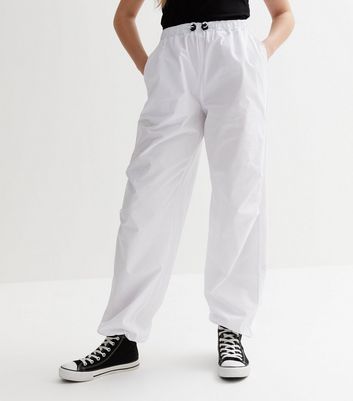 Girls White Cotton Parachute Cargo Cuffed Trousers | New Look