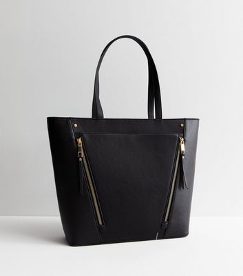 Black Leather-Look Diagonal Zip Tote Bag | New Look