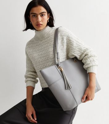 Grey Leather-Look Tassel Tote Bag | New Look