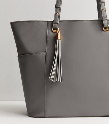 Grey Leather-Look Tassel Tote Bag | New Look