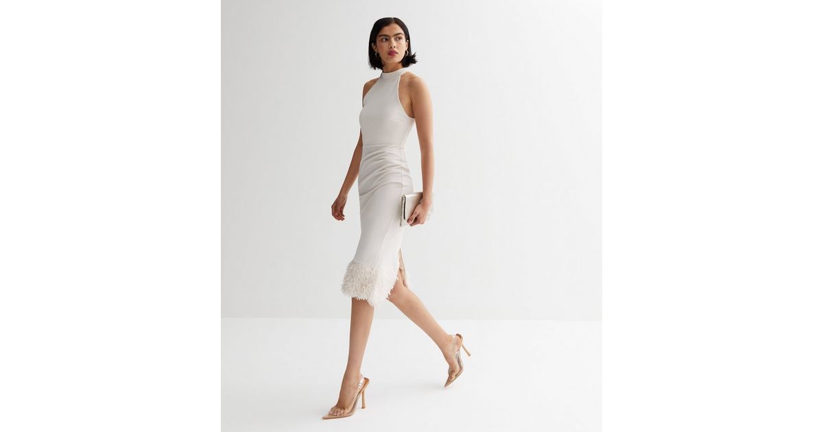 White Halter Fluffy Trim Midi Dress | New Look
